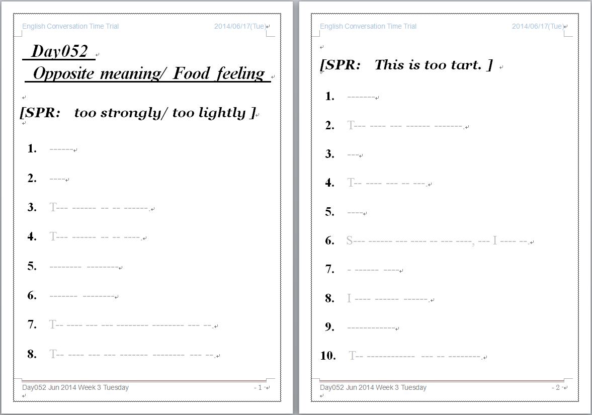 TIME TRIAL Day052 Opposite meaning/ Food feeling: 英会話トライアルノート